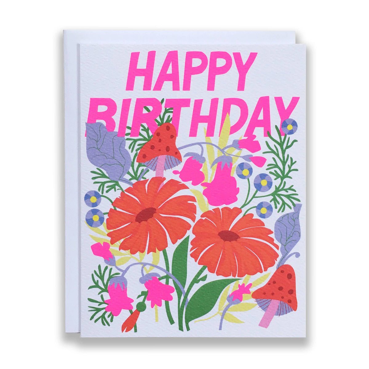 Happy Birthday Note Card With Mushrooms And Florals – Pink Olive