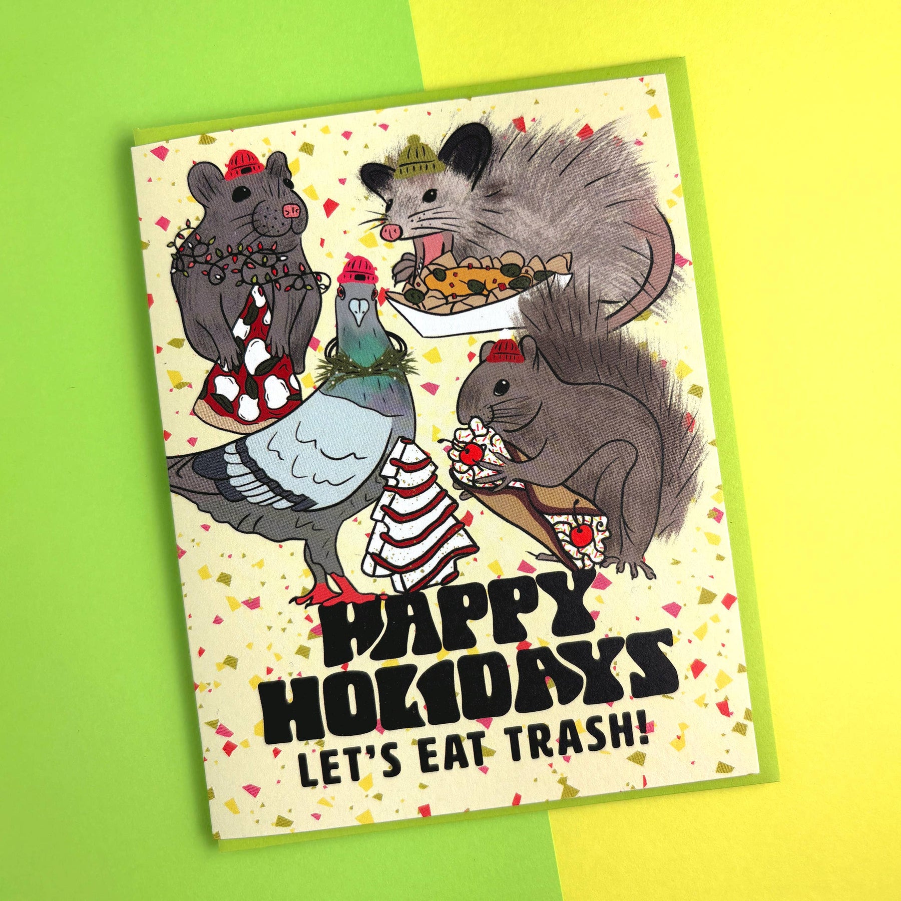 Trash Animals Holiday Card: Single card – Pink Olive