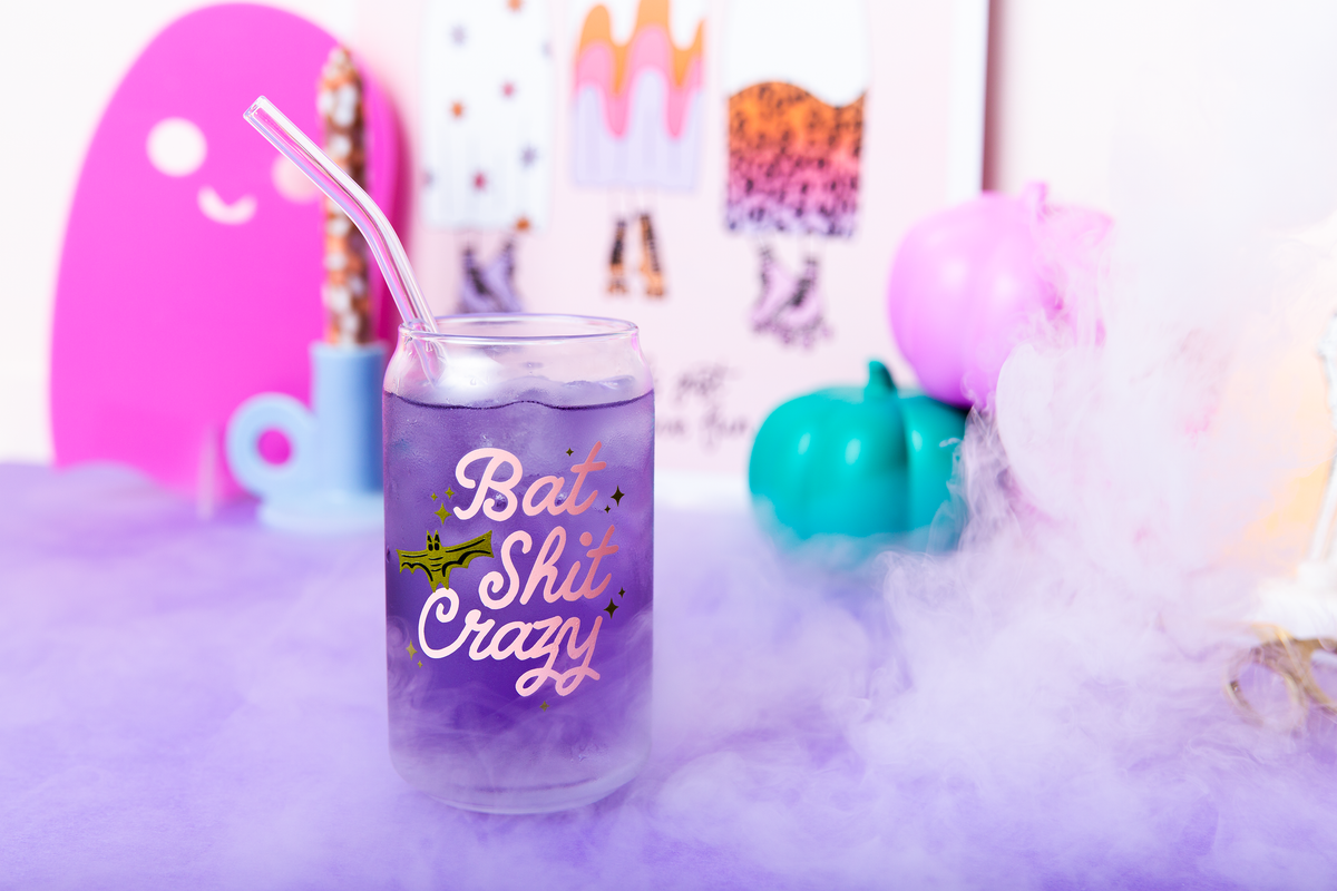 Halloween Can Glass w/Lid: Ghoul Gang – Pink Olive